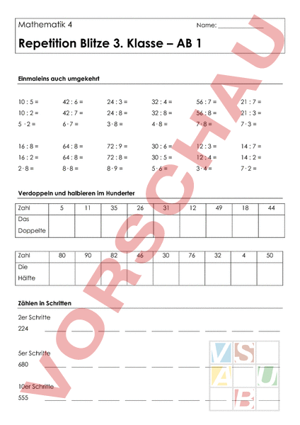 Arbeitsblatt: Repetition Blitze 3. Klasse - Mathematik - Gemischte Themen