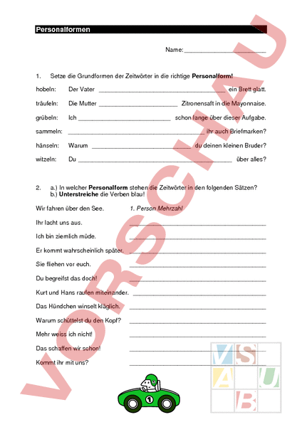 Arbeitsblatt: Verben: Personalformen - Deutsch - Grammatik