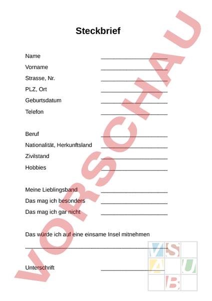 Arbeitsblatt: Steckbrief - Deutsch - DaZ