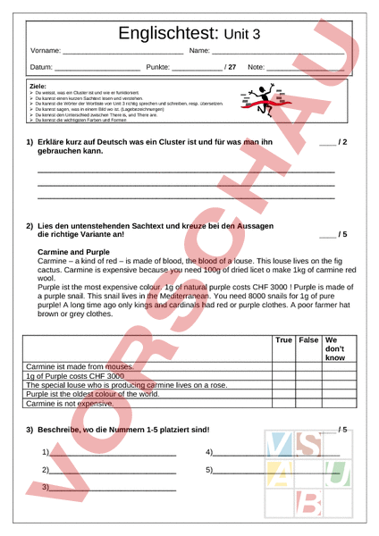 Arbeitsblatt: Test Unit 3 Youngworld 2 - Englisch - Gemischte Themen