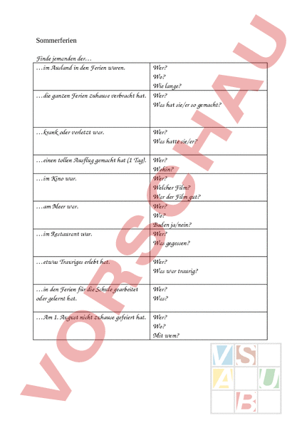 Arbeitsblatt: Ferien-Bingo - Deutsch - DaZ