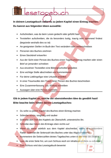 Arbeitsblatt: Lesetagebuch Anleitung - Deutsch - Leseförderung / Literatur