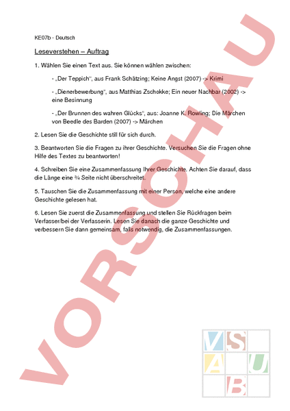 Arbeitsblatt: Leseverstehen - Deutsch - Textverständnis