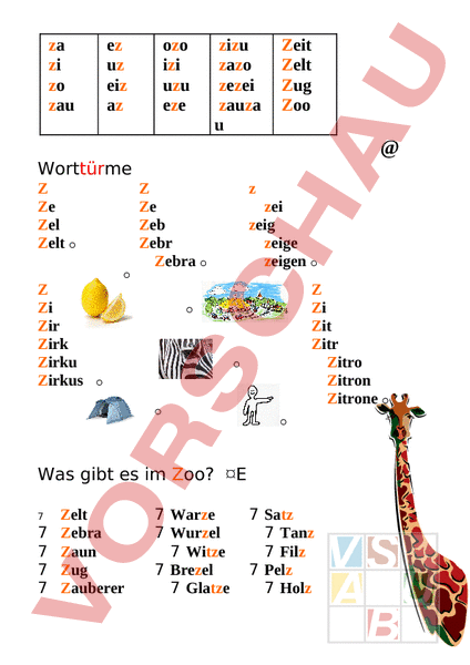 Arbeitsblatt: Einführung z - Deutsch - Erstlesen