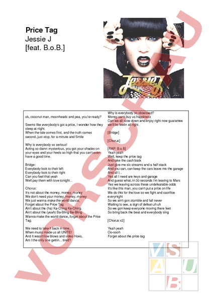 Arbeitsblatt: Songtext Price Tag - Musik - Singen / Lieder