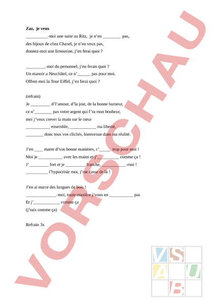 Arbeitsblatt: ZAZ, je veux - Französisch - Textverständnis
