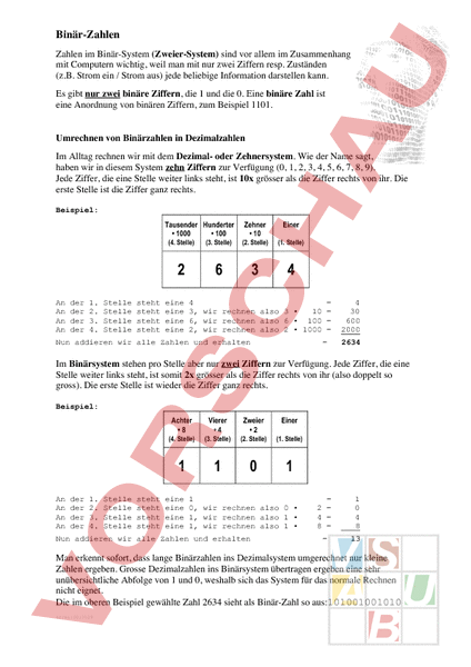 Arbeitsblatt: Binärzahlen - Mathematik - Zahlensysteme