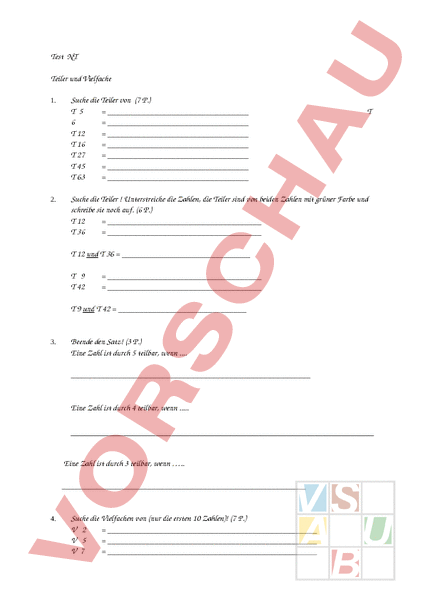 Arbeitsblatt: Test Teiler und Vielfache - Mathematik - Anderes Thema