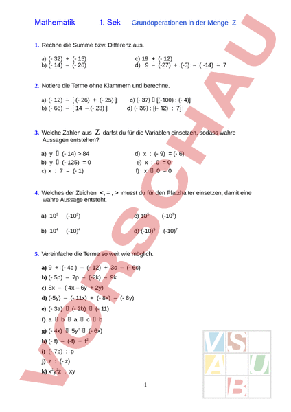 Arbeitsblatt: Grundoperationen in der Menge Z - Mathematik - Repetition