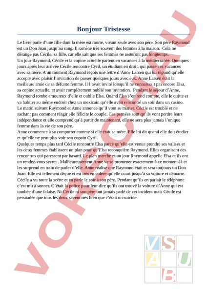 Arbeitsblatt: Bonjour Tristesse - Französisch - Texte schreiben