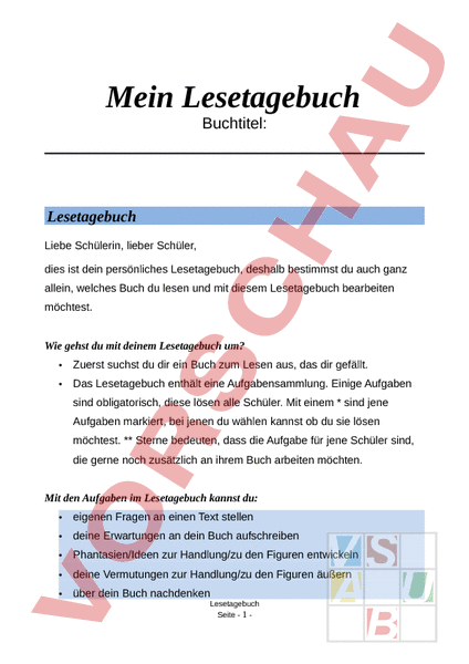 Arbeitsblatt: Lesetagebuch - Deutsch - Leseförderung / Literatur