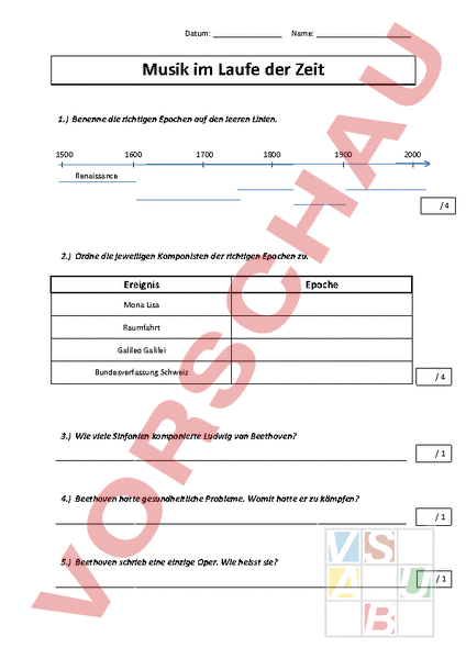 Arbeitsblatt: Epochen und Komponisten - Musik - Musikgschichte