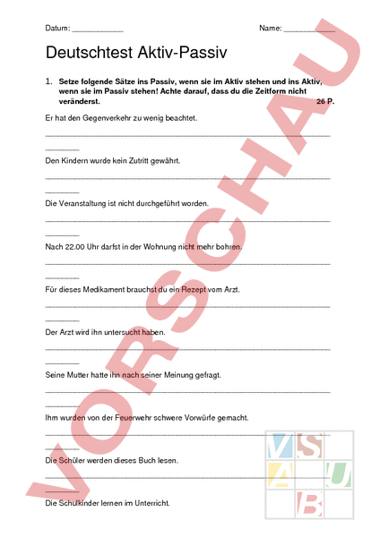 Arbeitsblatt: Test Aktiv Passiv - Deutsch - Grammatik