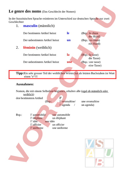 Arbeitsblatt: le genre des noms en français - Französisch - Rechtschreibung