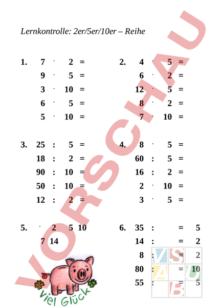 Arbeitsblatt: 2er/5er/10er Reihen-Test - Mathematik - Multiplikation