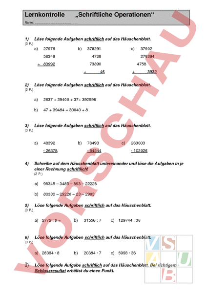 Arbeitsblatt: Lernkontrolle Schriftliche Operationen - Mathematik ...