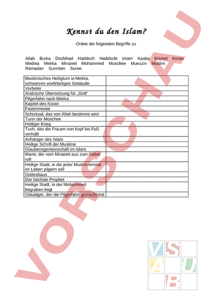 Arbeitsblatt: Begriffe des Islam zuordnen - Lebenskunde ...