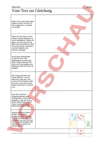 Arbeitsblatt: Vom Text zur (Un)gleichung - Mathematik - Algebra