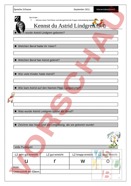 Arbeitsblatt: Hörverständnis Astrid Lindgren - Deutsch - Hörverstehen