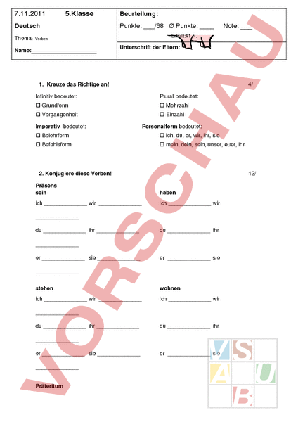 Arbeitsblatt: Probe zum Verb - Deutsch - Grammatik