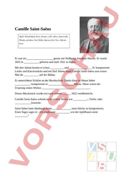 Arbeitsblatt: Camille Sain-Saëns - Musik - Musik / Bewegung