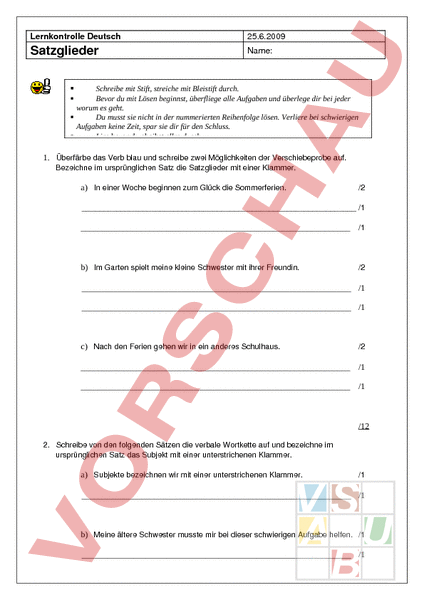 Arbeitsblatt: Test Satzglieder - Deutsch - Grammatik