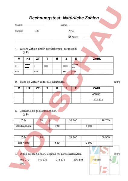 Arbeitsblatt: Natürliche Zahlen (Test) - Mathematik - Zahlenbereiche