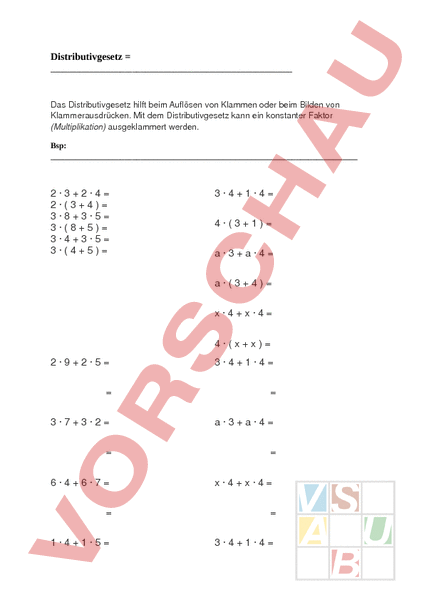 Arbeitsblatt: Distributivgesetz - Mathematik - Gemischte Themen