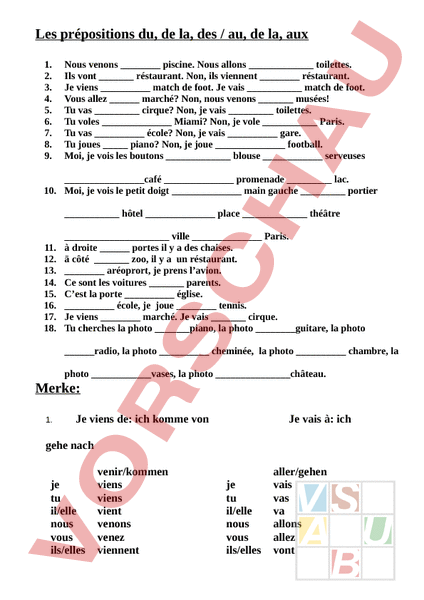 Arbeitsblatt: les prépositions du,de la,des,au,à la,aux - Französisch ...