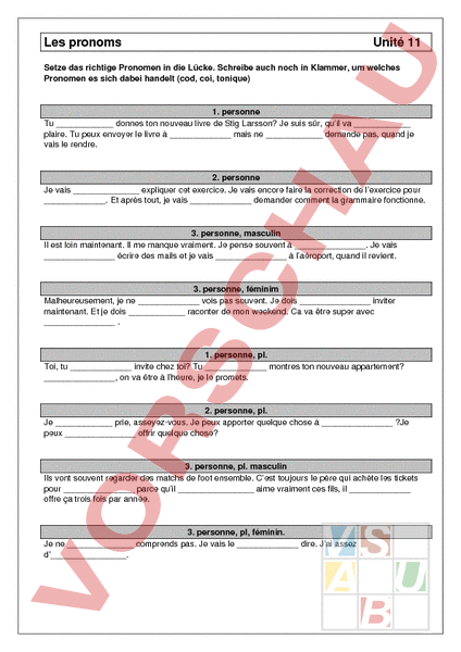 Arbeitsblatt: Cod / coi / pronom personnel tonique, Unité 11 ...