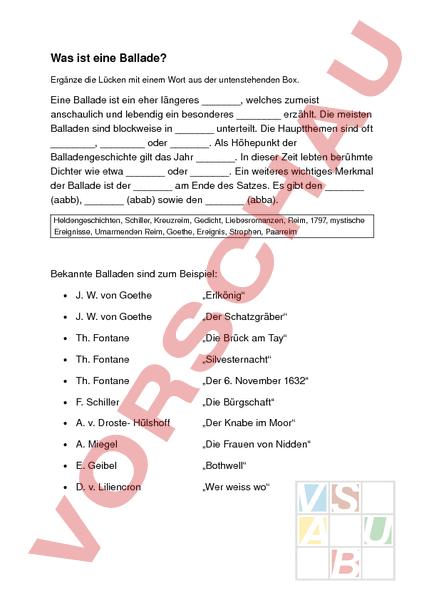 Arbeitsblatt: Definition einer Ballade - Deutsch - Anderes Thema