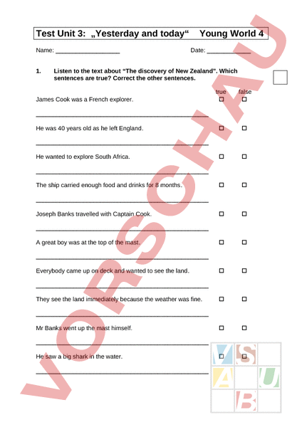 Arbeitsblatt: Test Unit 3 Young World 4 - Englisch - Anderes Thema