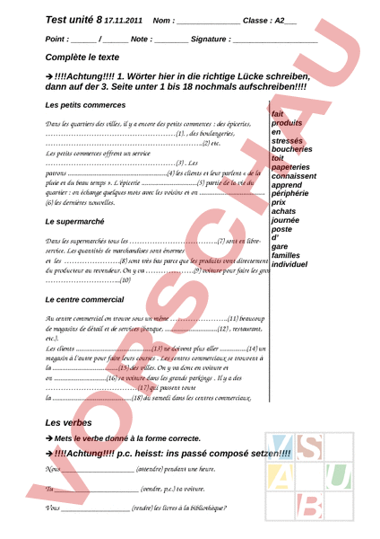 Arbeitsblatt: tes unité 7 envol - Französisch - Gemischte Themen