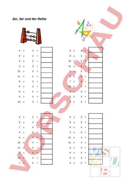 Arbeitsblatt: 2er, 3er, 4er Reihe - Mathematik - Multiplikation