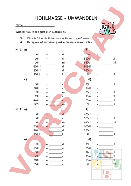 Arbeitsblatt: Hohlmasse umwandeln - Mathematik - Sachrechnen / Grössen