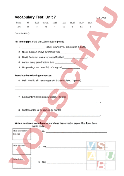 Arbeitsblatt: Vocabulary Test Inspiration Unit 7 - Englisch - Wortschatz