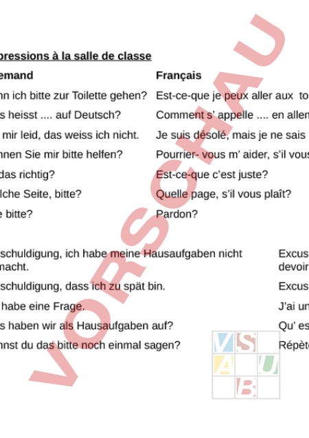 Arbeitsblatt: Expressions à la salle de classe - Französisch - Anderes ...