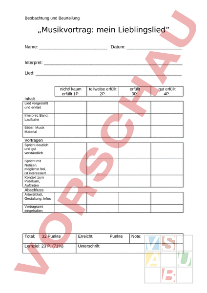 Arbeitsblatt: Vortrag Mein Lieblingslied, beob und beurteilen - Musik ...