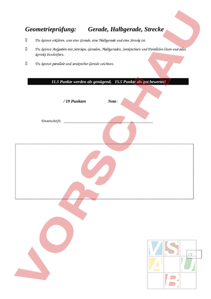 Arbeitsblatt: Gerade, Halbgerade, Strecken: Prüfung - Geometrie - Geraden