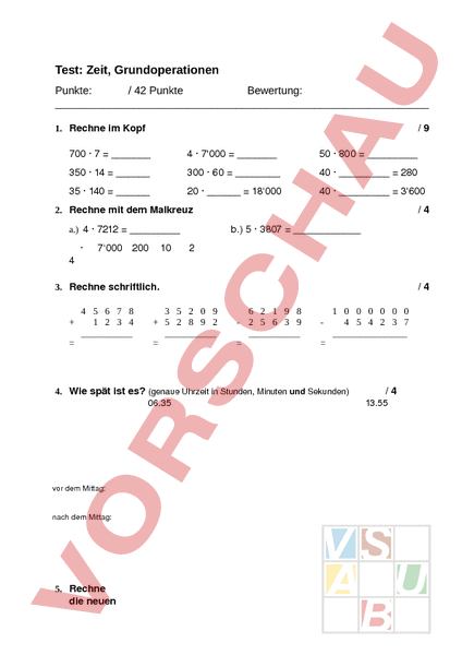 Arbeitsblatt: Mathetest - Zeit - Mathematik - Sachrechnen / Grössen