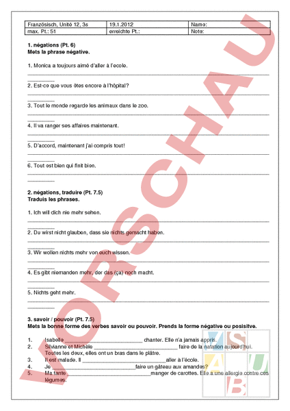 Arbeitsblatt: Unité 12, grammaire, test - Französisch - Grammatik