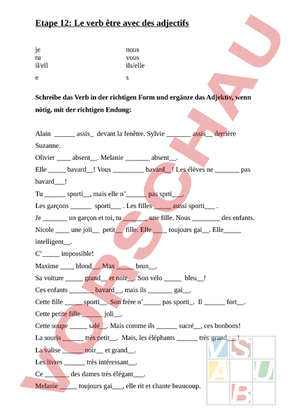 Arbeitsblatt: BC Et.12 le verb être et les adjectifs - Französisch ...