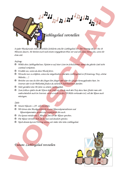 Arbeitsblatt: Lieblingslied vorstellen - Musik - Singen / Lieder
