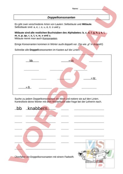 Arbeitsblatt: Doppelkonsonanten - Deutsch - Rechtschreibung