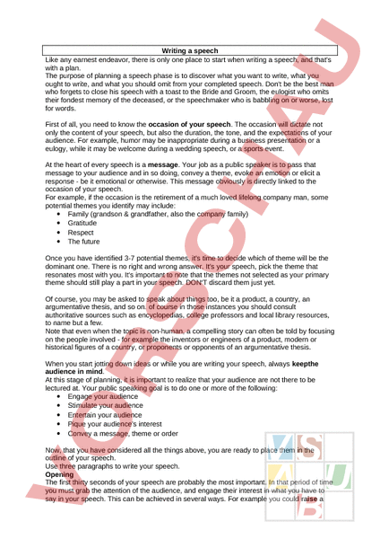 Arbeitsblatt: Writing a speech - Englisch - Texte schreiben