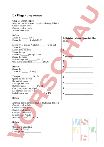 Arbeitsblatt: Lied Coup-De-Boule Lückentext - Französisch - Anderes Thema