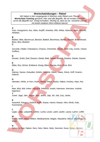 Arbeitsblatt: Wortschatz - Deutsch - Wortschatz