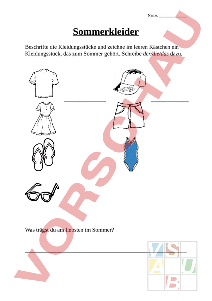 Arbeitsblatt: Sommerkleider - Deutsch - Wortschatz
