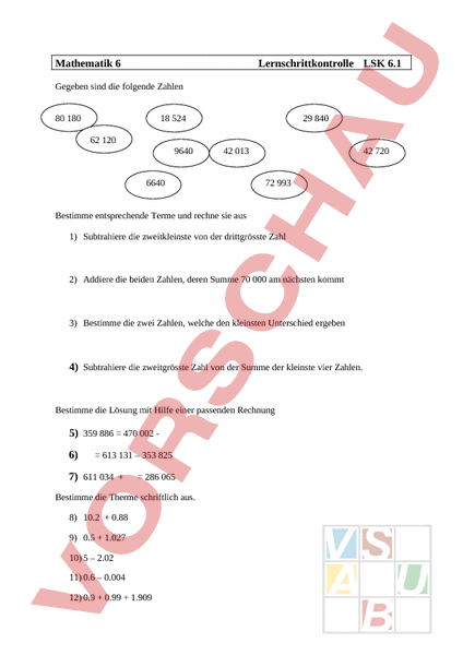 Arbeitsblatt: Mathematikk 6. Klasse - Mathematik - Gemischte Themen