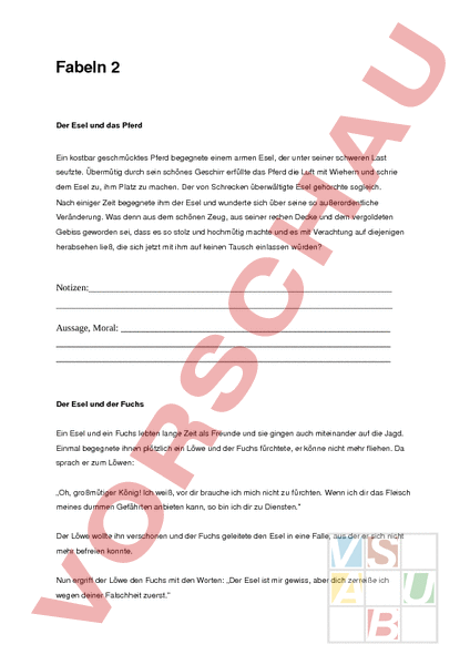 Arbeitsblatt: Moral einer Fabel erarbeiten - Deutsch - Textverständnis